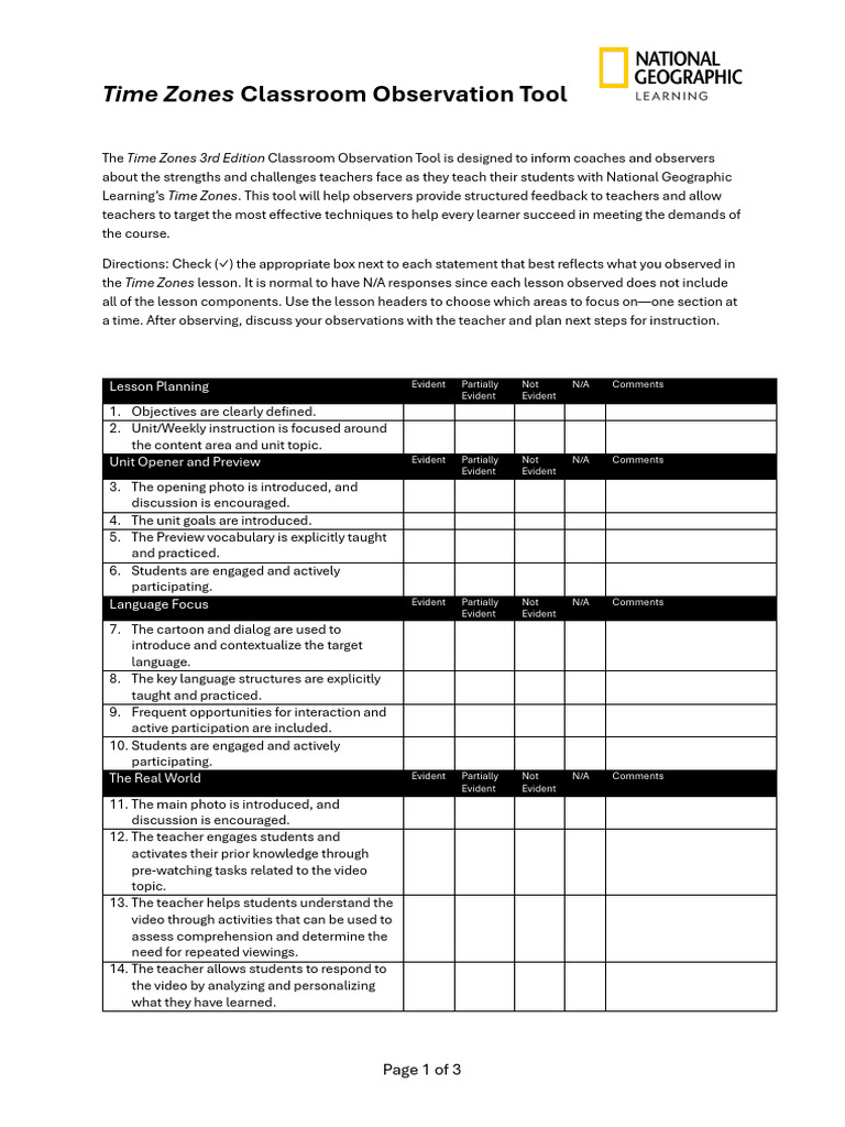 Time Zones Observation Tool Guide | PDF | Reading Comprehension | Teachers