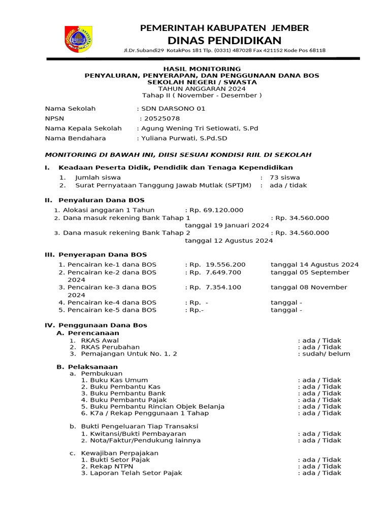 1. INSTRUMEN MONEV BOS TAHUN 2024 NEGERI TAHAP I ( Januari - Juni ) TIM BOS KAB | PDF