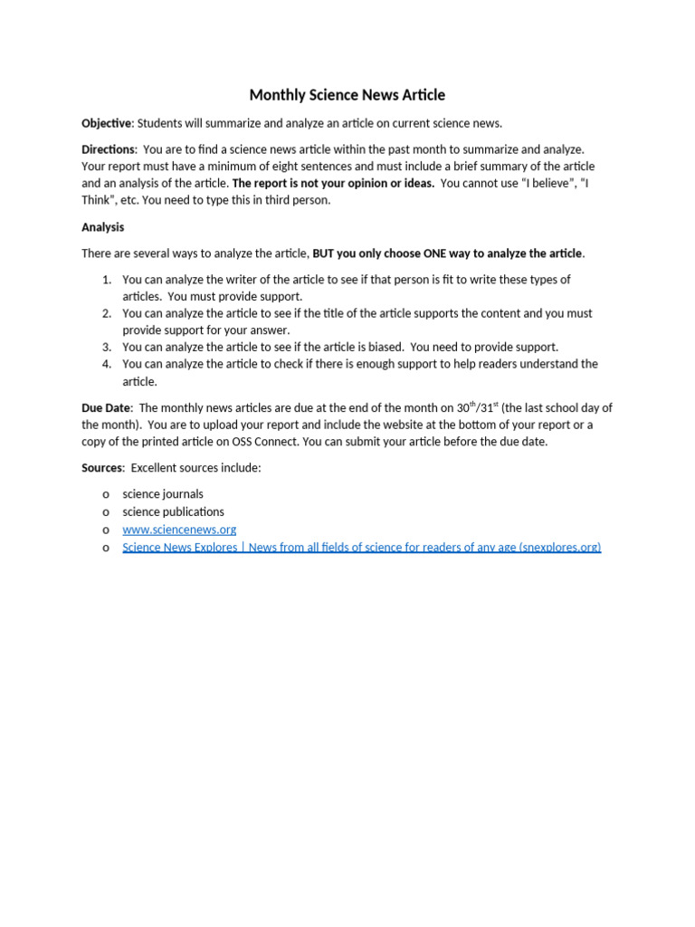 Monthly Science Article Analysis Guide | PDF | News | Human Communication