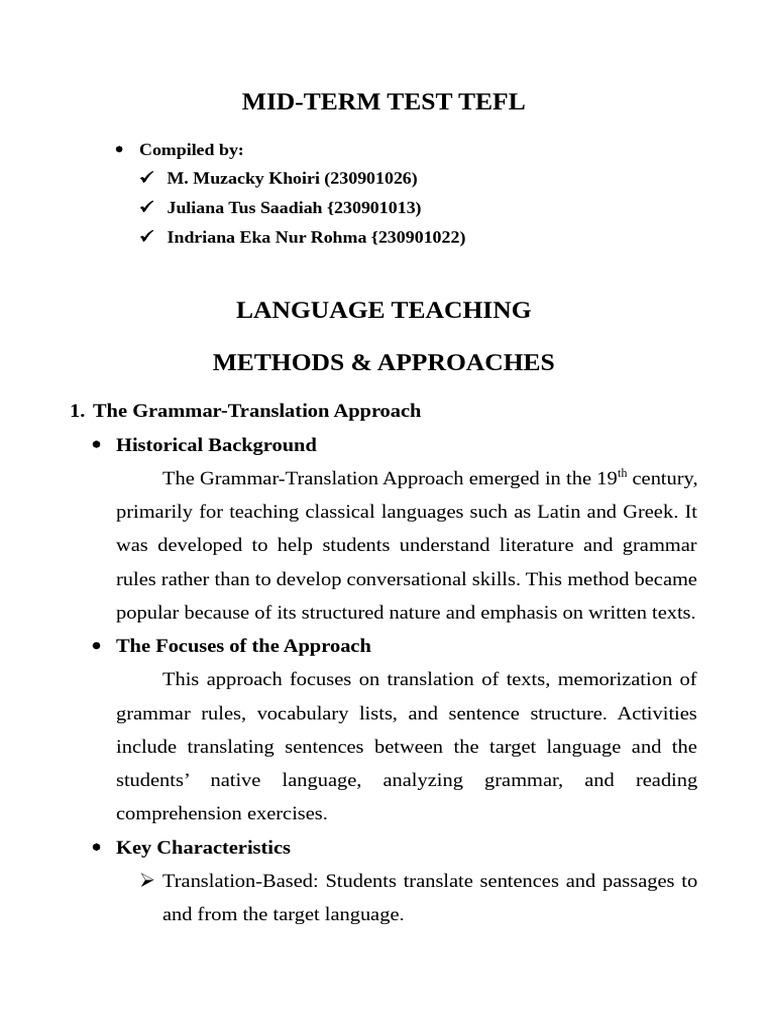 Mid-Term Test TEFL (Group 2) | PDF | Learning | Language Acquisition