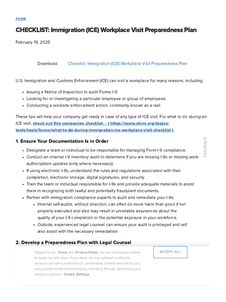 CHECKLIST - Immigration (ICE) Workplace Visit Preparedness Plan | PDF ...