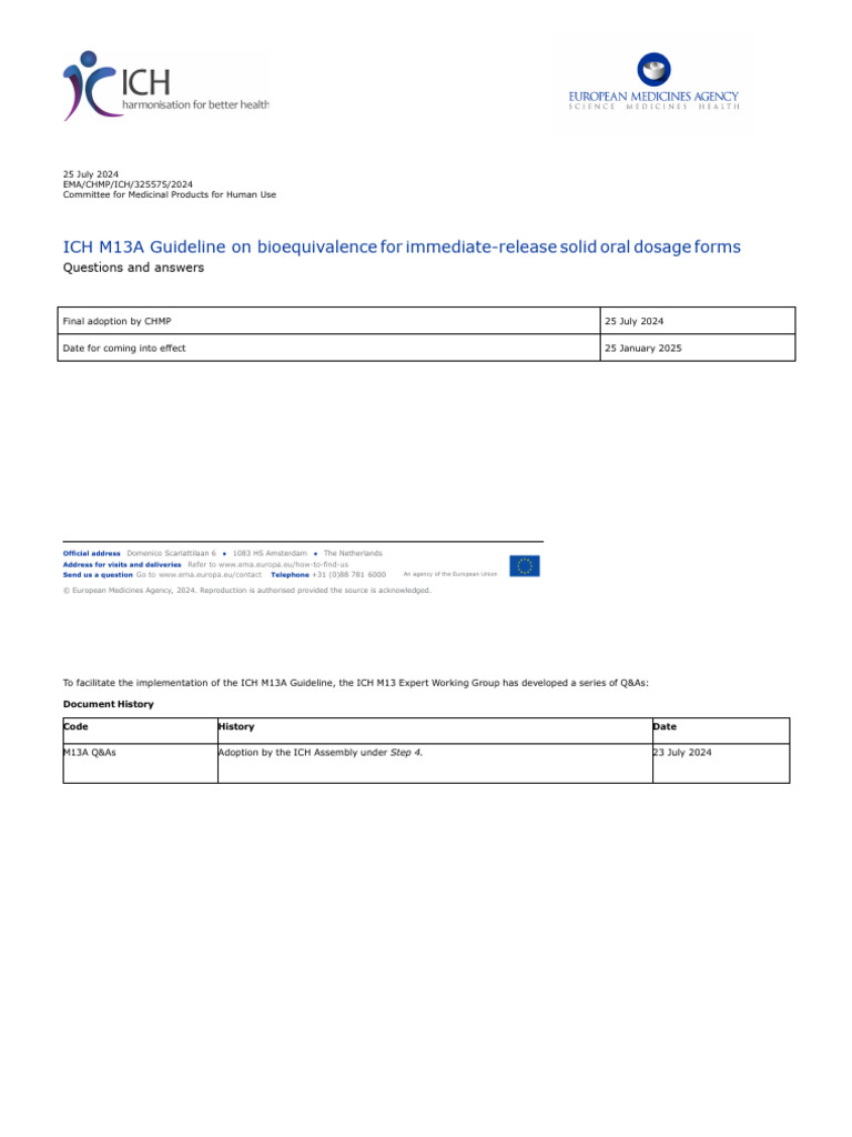 Ich M13a Guideline Bioequivalence Immediate Release Solid Oral Dosage ...