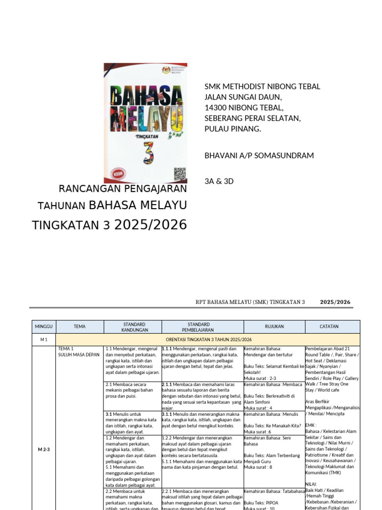 RPT BM Tingkatan 3 2025-2026 | PDF