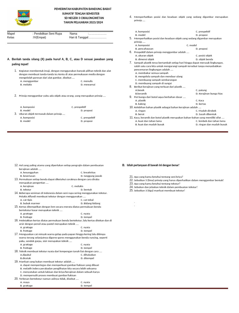 Soal STS Seni Rupa Kls 4 | PDF