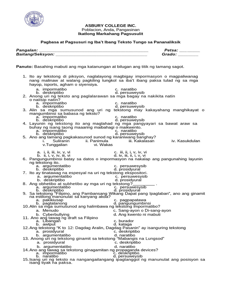 Ikatlong-Markahang-Pagsusulit-sa-Pagbasa | PDF