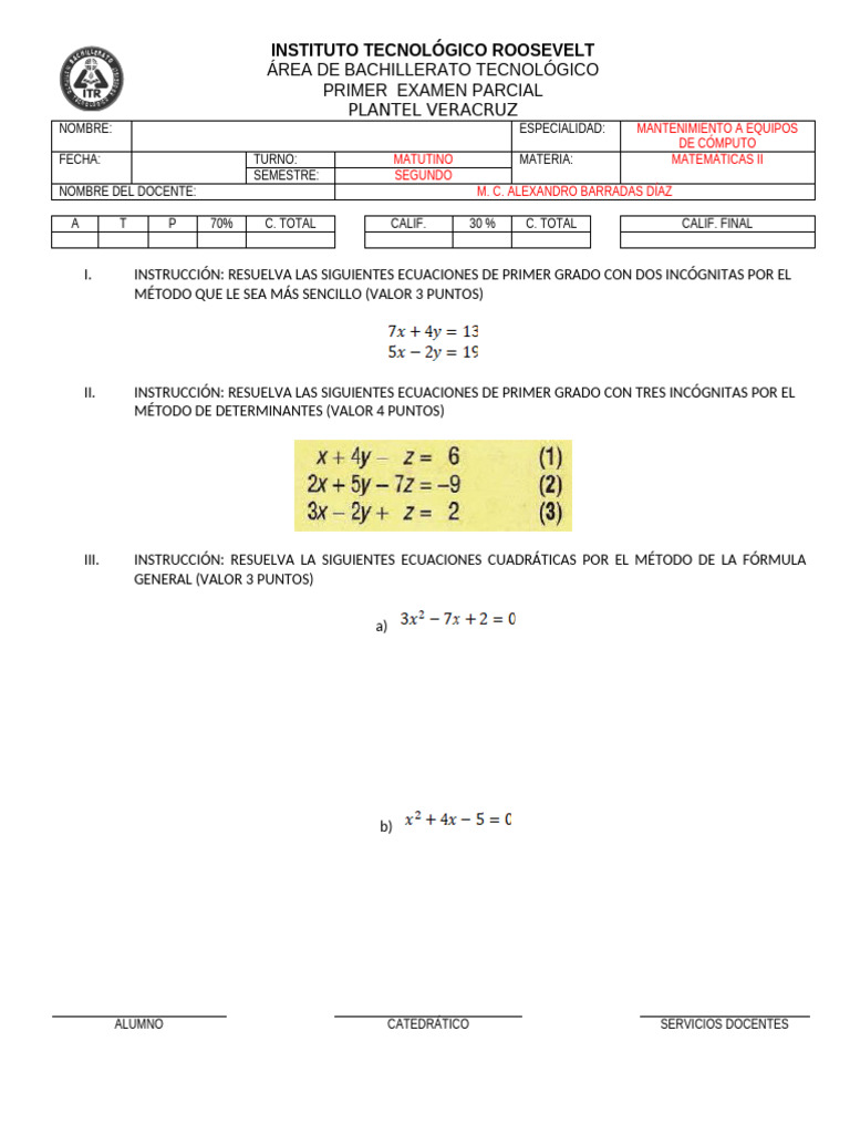 Examen Parcial de Matemáticas II | PDF | Ecuaciones | Matemáticas