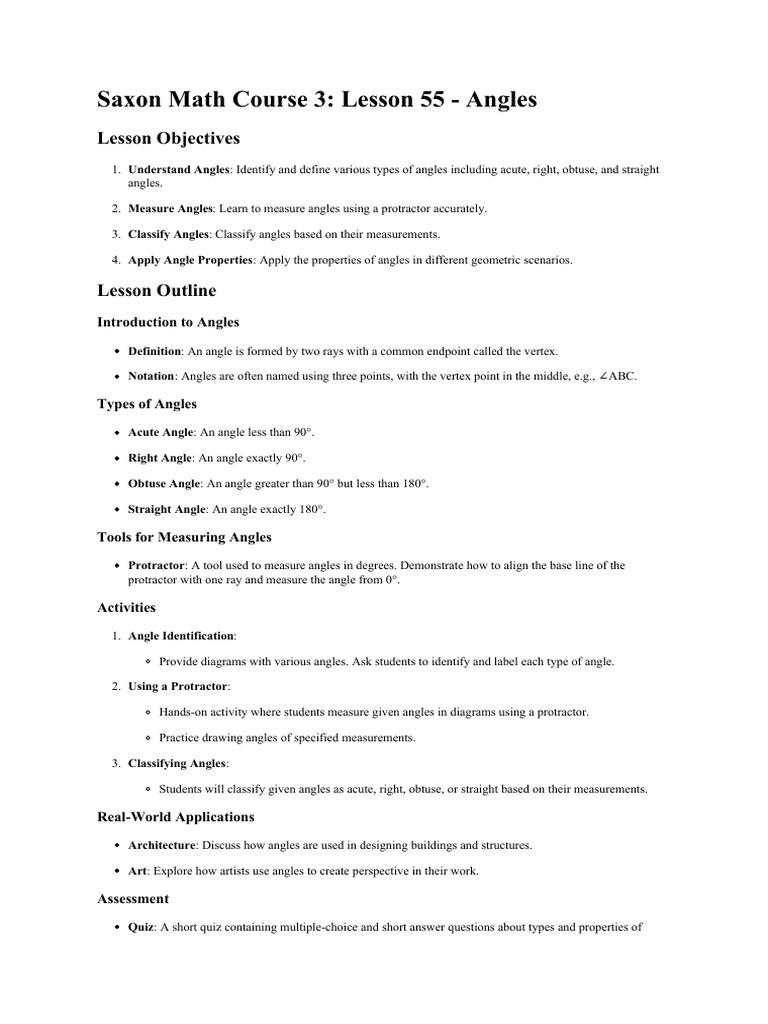 Saxon Math Course 3 - Lesson 55 - Angles | PDF | Angle | Mathematics