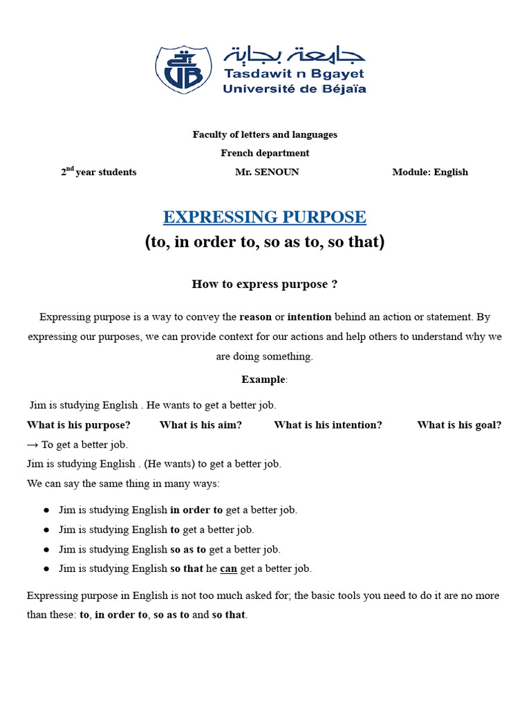 Expressing Purpose | PDF | Verb | Grammar