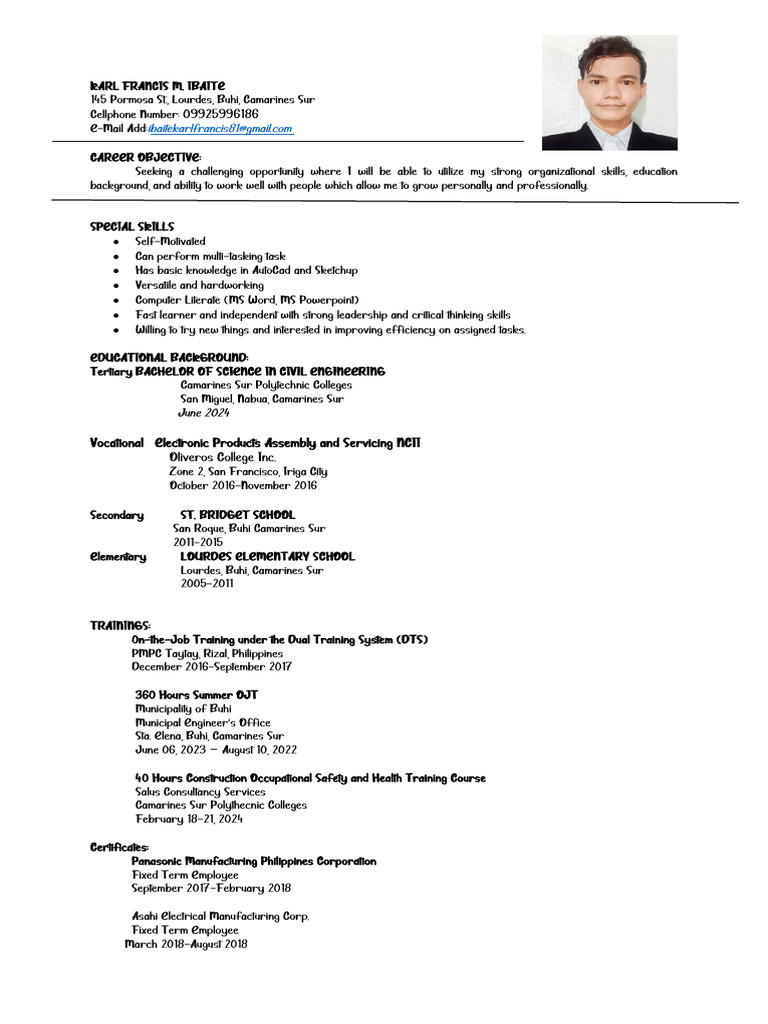 Karl Francis M Ibaite Resume | PDF | Learning