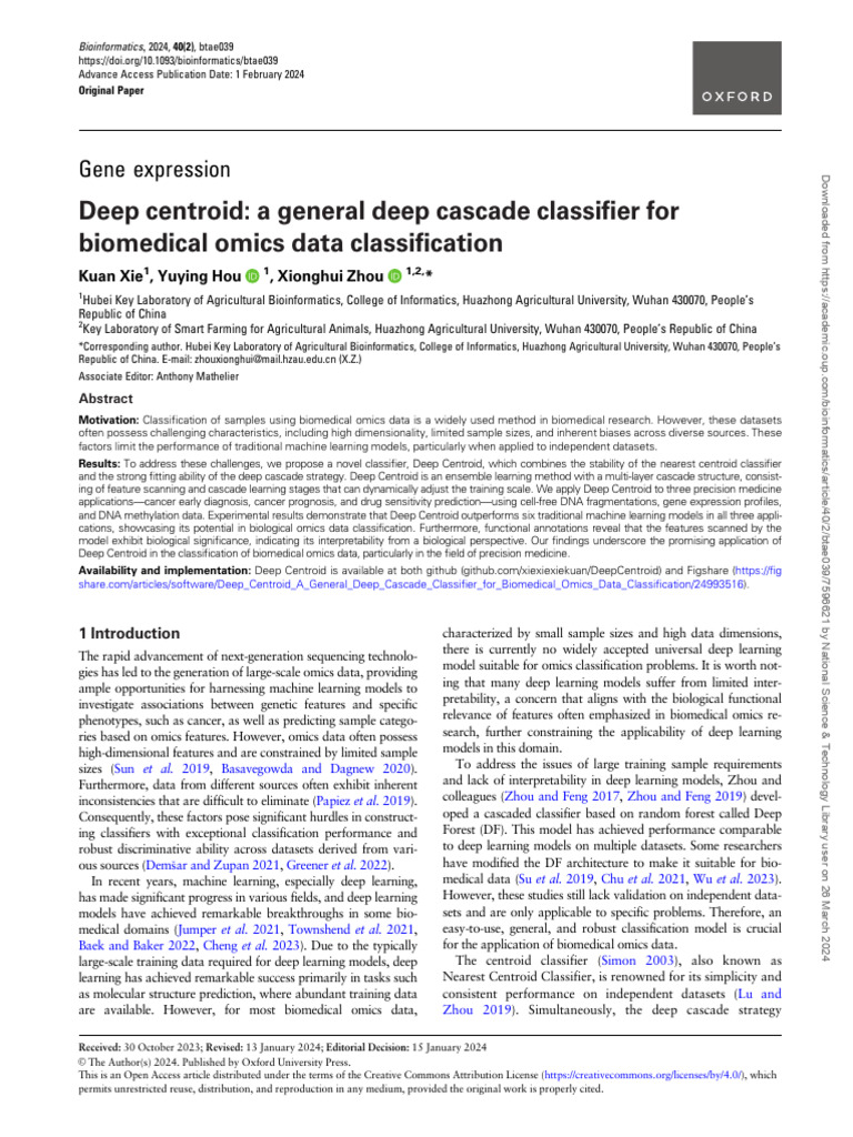 Deep Centroid A General Deep Cascade Classifier For Biomedical Omics Data Classification | PDF ...