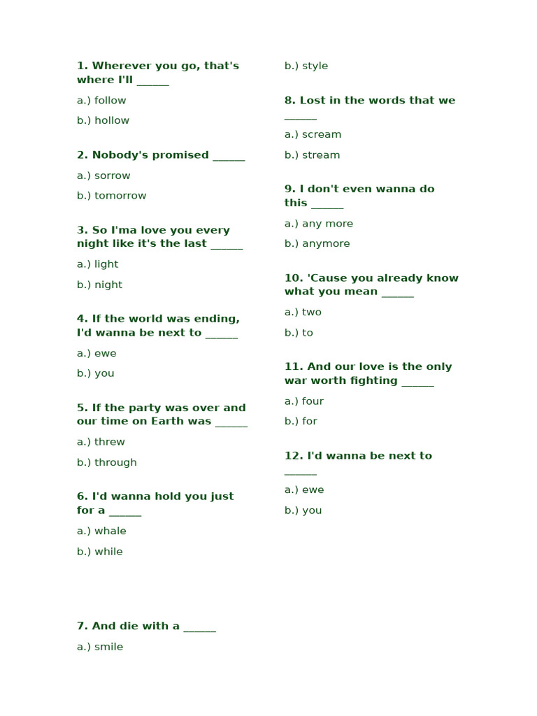 Song Lyrics Completion Quiz | PDF