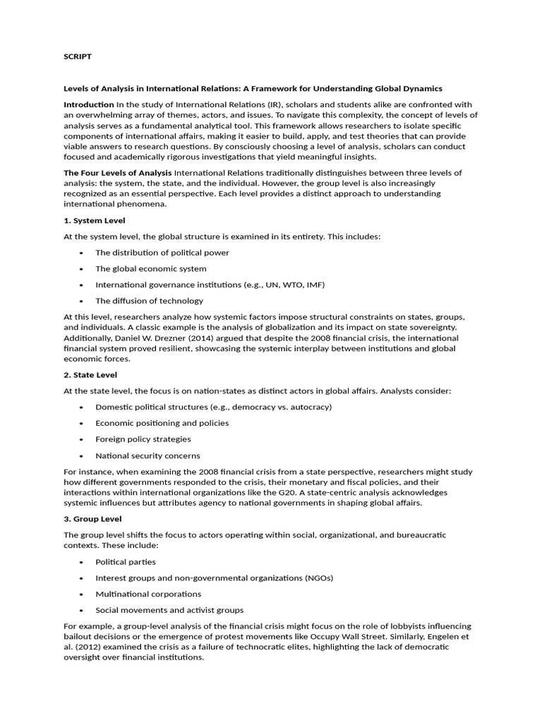 Levels of Analysis in International Relations | PDF | International ...