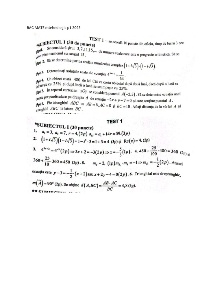 BAC MATE Mtehnologic p1 2025 | PDF