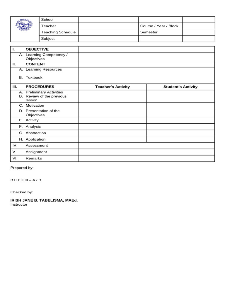 4a's Lesson Plan Template | PDF