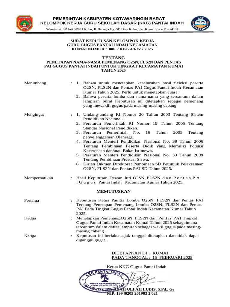 SK Pemenang O2SN DAN FLS2N PENTAS PAI GUGUS PANTAI KE Kecamatan Kumai | PDF