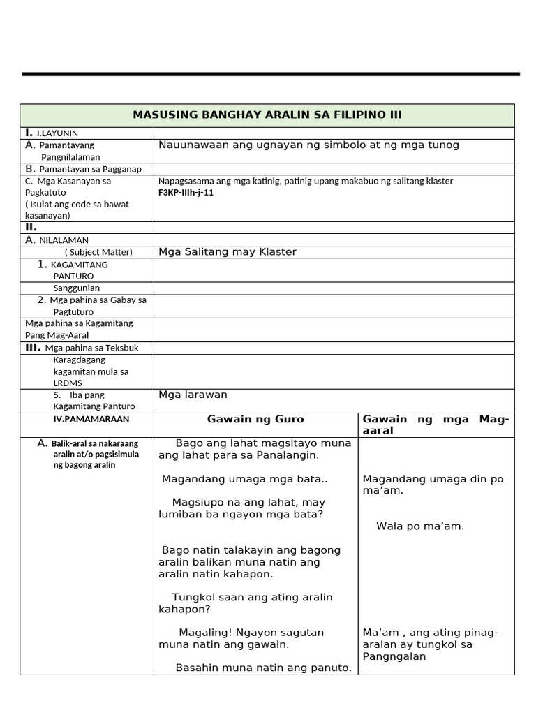 Mga Salitang May Klaster Lesson Plan 3 | PDF