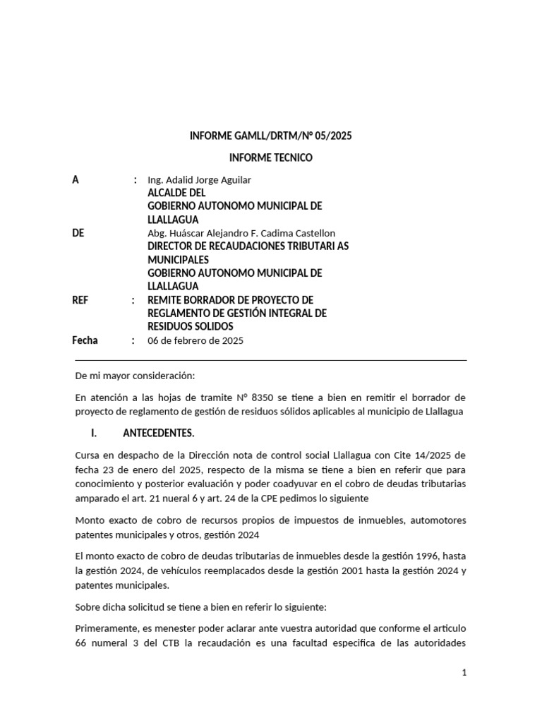 INF 5 Remision de Proyecto de Reglamento de Residuos Solidos | PDF | Gobierno
