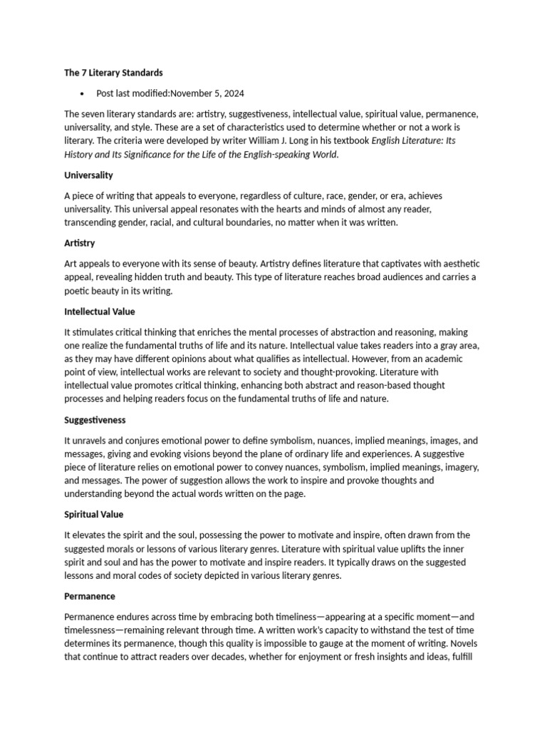 The 7 Literary Standards | PDF | Thought | Liberal Arts Education