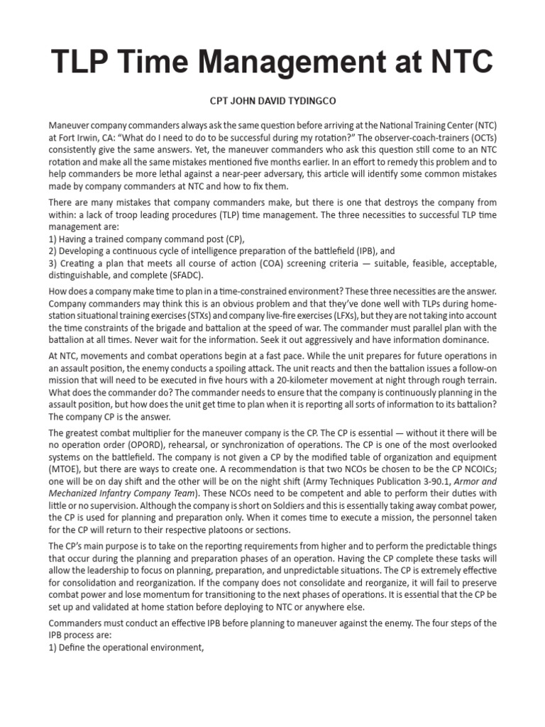 TLP Time Management at NTC | PDF | Company (Military Unit) | 82nd ...