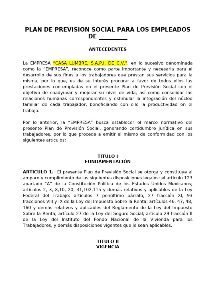 Plan de Previsión Social para Empleados | PDF | Salario mínimo ...