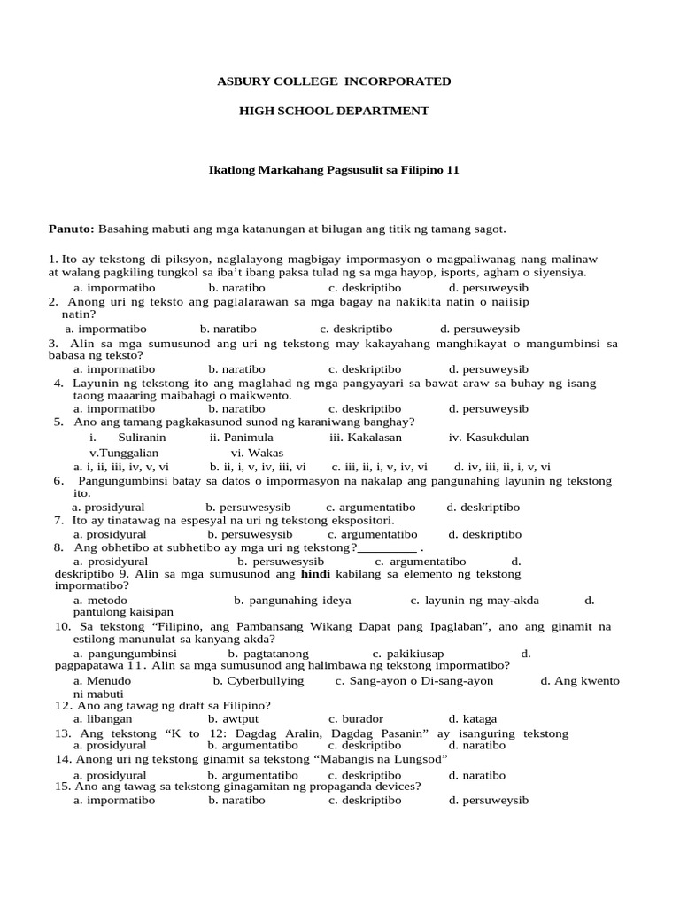 Exam Pagbasa at Pagsusuri | PDF