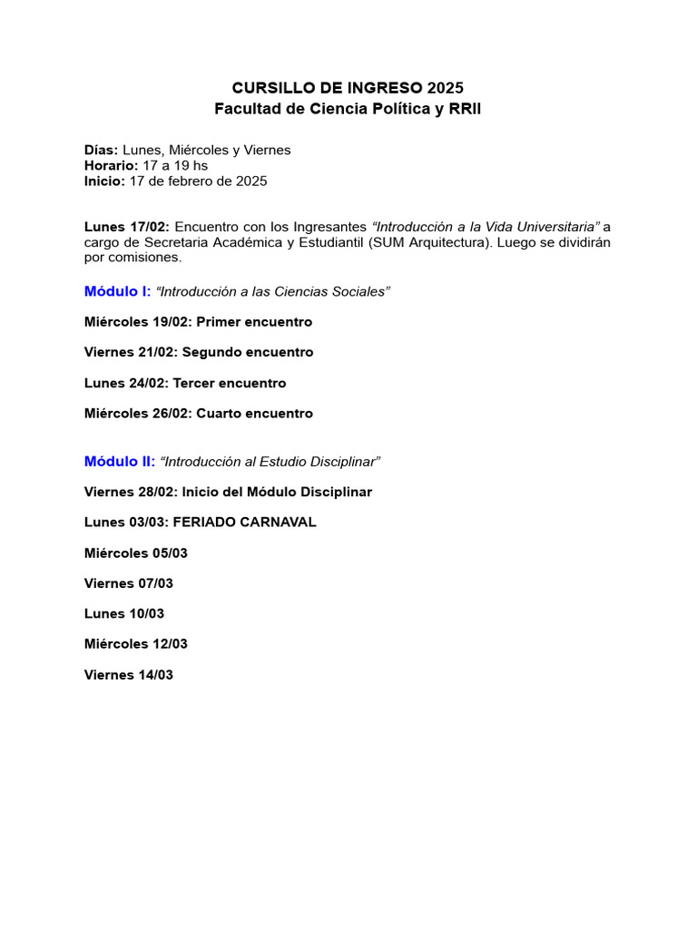 Cursillo Ingreso 2025: Fechas y Módulos | PDF