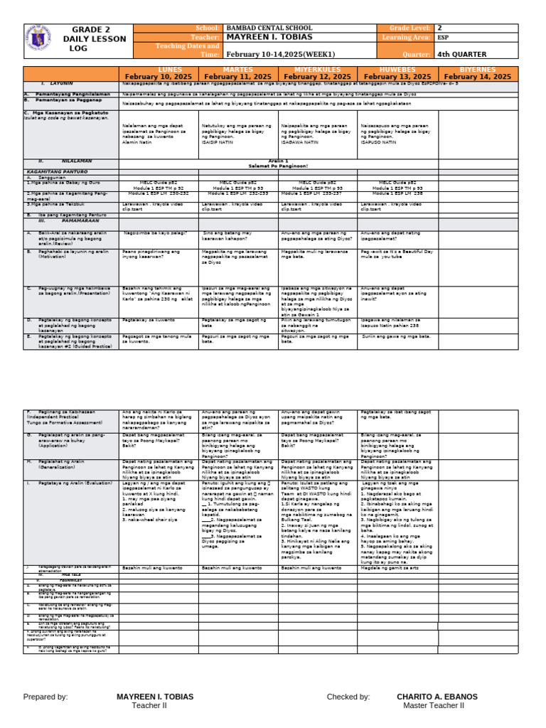 DLL All Subjects g2 q4 Week1 | PDF