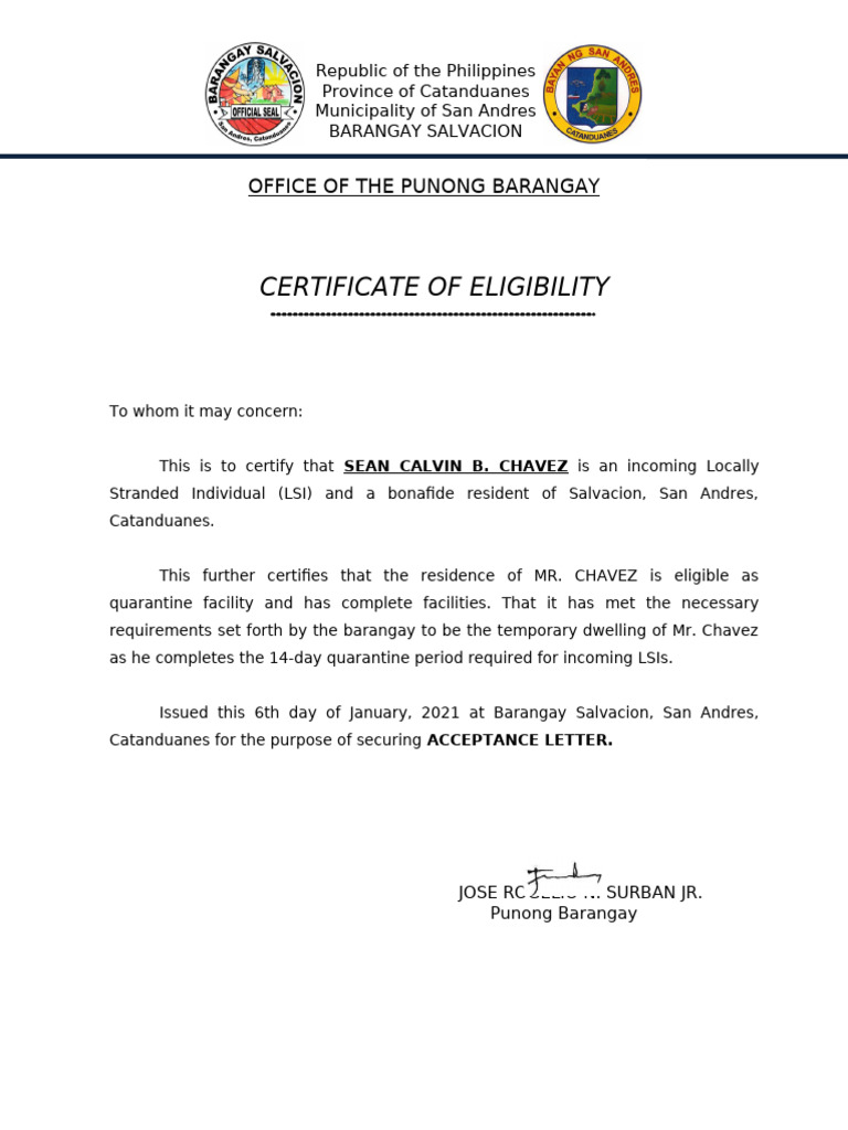 LSI Quarantine Eligibility Certificate | PDF