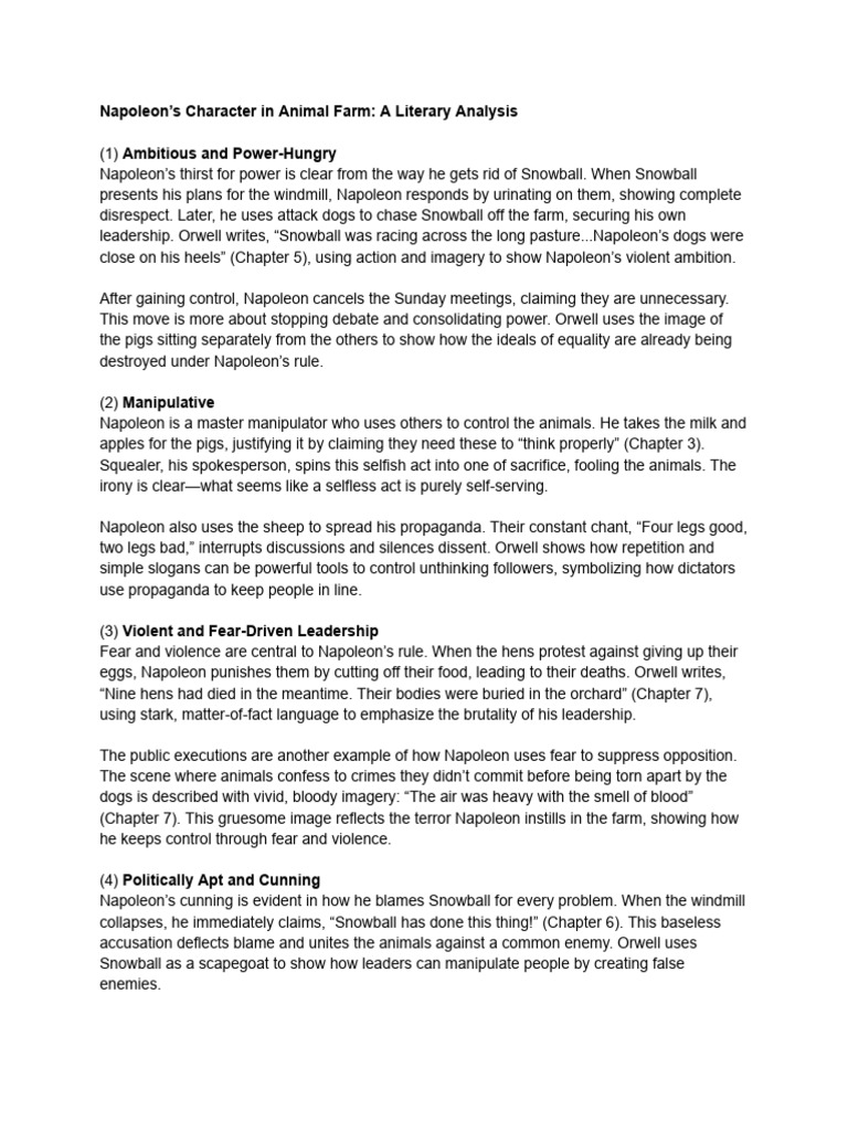 Napoleon's Character in Animal Farm - A Literary Analysis 2 | PDF