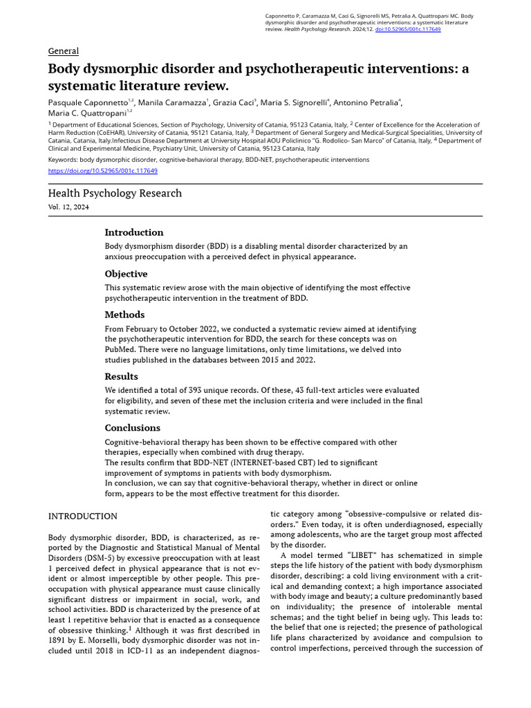 Body Dysmorphic Disorder and Psychotherapeutic Interventions A ...