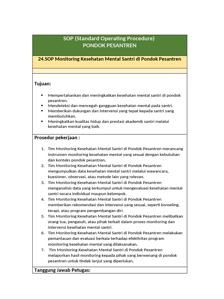 24.SOP Monitoring Kesehatan Mental Santri Di Pondok Pesantren | PDF