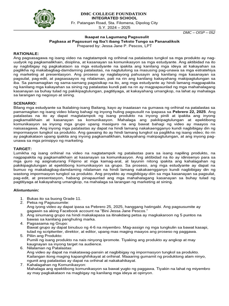 4th Summative Rationale Filipino Copy | PDF