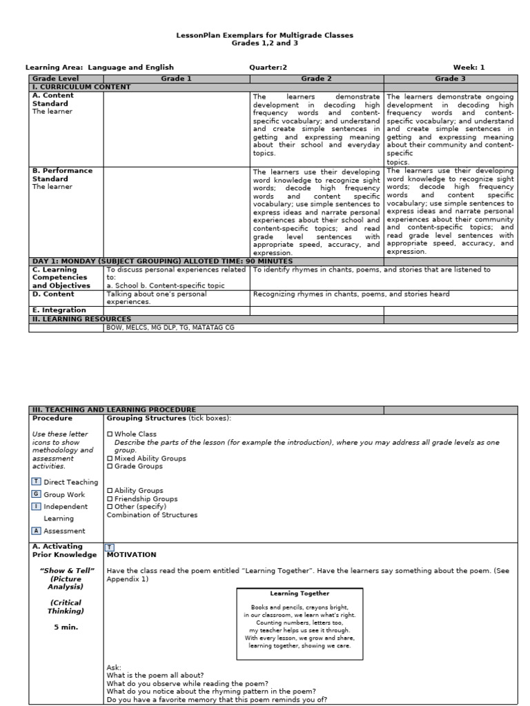 LP Template - Three Grades Combi - English Version | PDF | Learning ...
