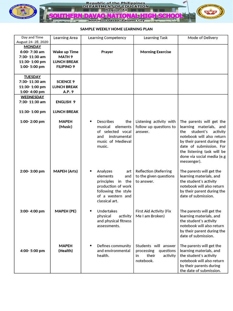 Pasagui Weekly Home Learning Plan | PDF