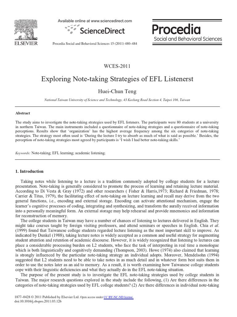 Exploring Note-Taking Strategies of EFL Listenerst | PDF | English As A ...