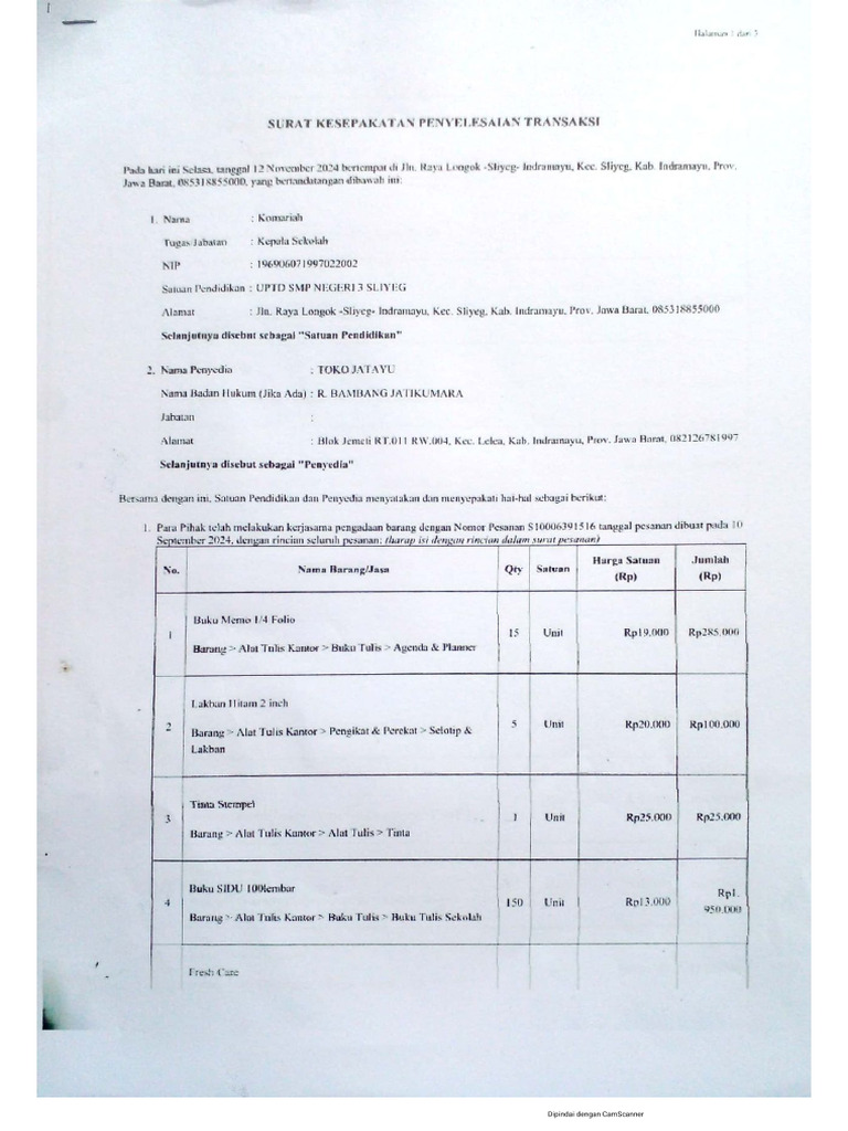 Surat Kesepakatan Penyelesaian Transaksi UPTD SMPN 3 Sliyeg | PDF