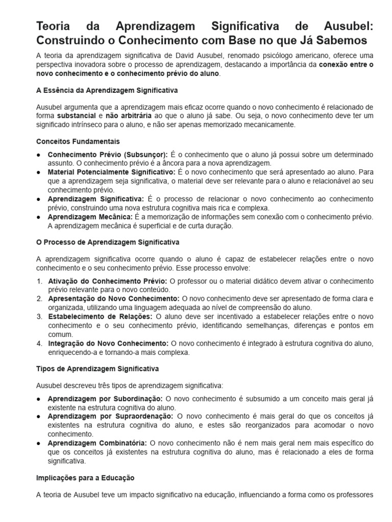 Teoria Da Aprendizagem Significativa de Ausubel | PDF | Aprendizado ...