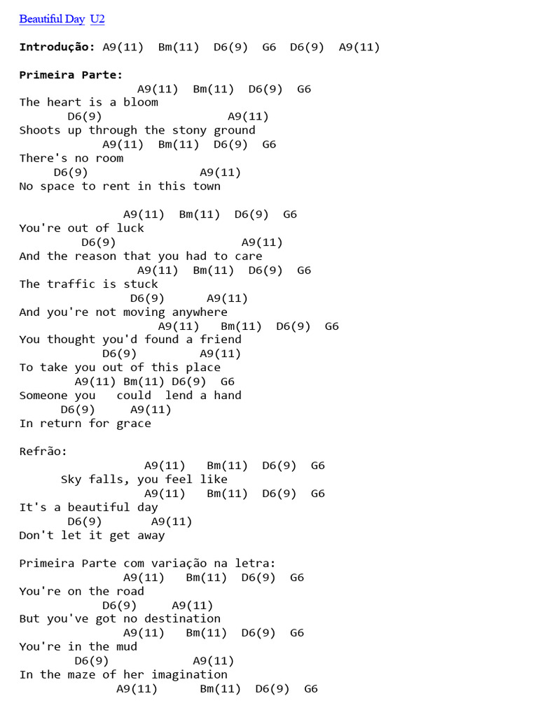 U2 Beautiful Day Lyrics and Chords | PDF