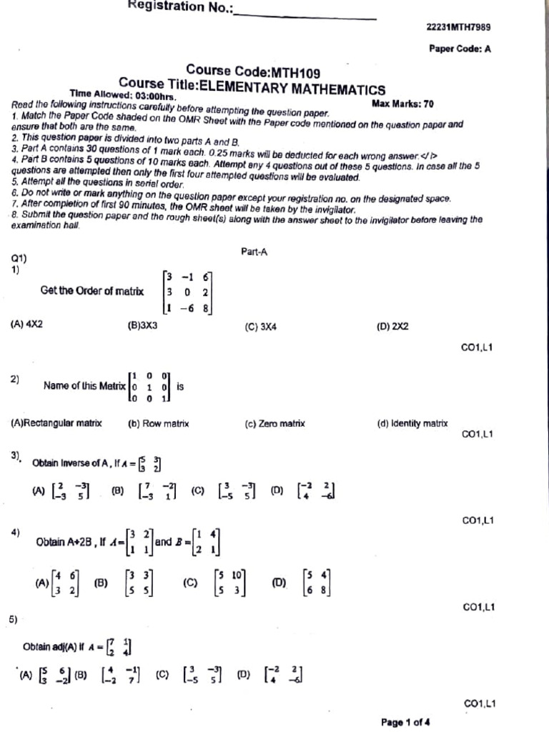 MTH 109 Re 1 paper | PDF