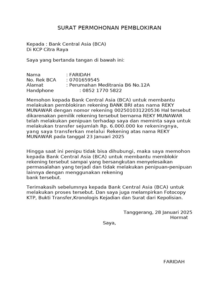 Surat Permohonan Pemblokiran | PDF