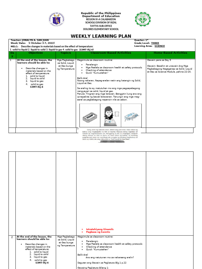 Weekly - Learning - Plan-Q1-Science-Week 5 | PDF