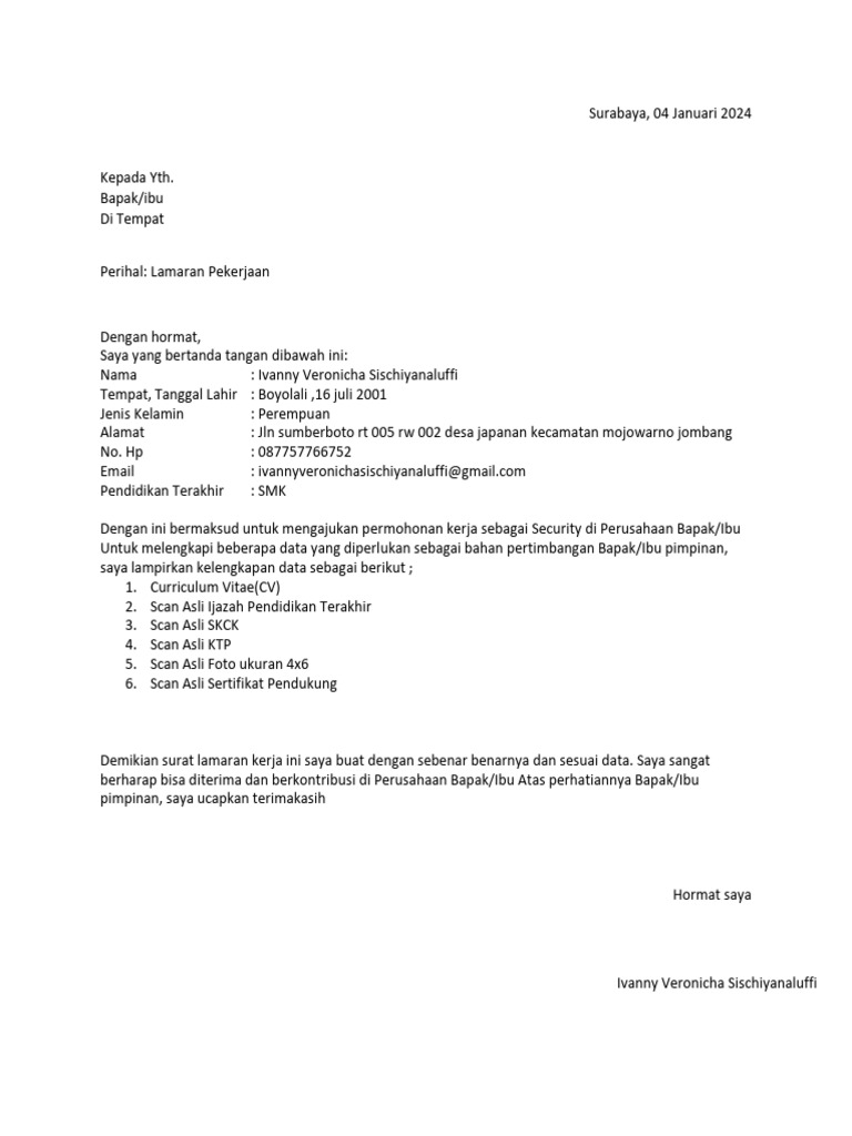 Surat Lamaran Fani Fix | PDF