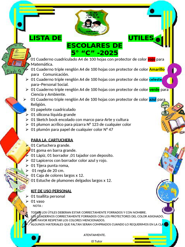 Lista de Utiles Escolares Del 5° Grado Abc 2025 | PDF