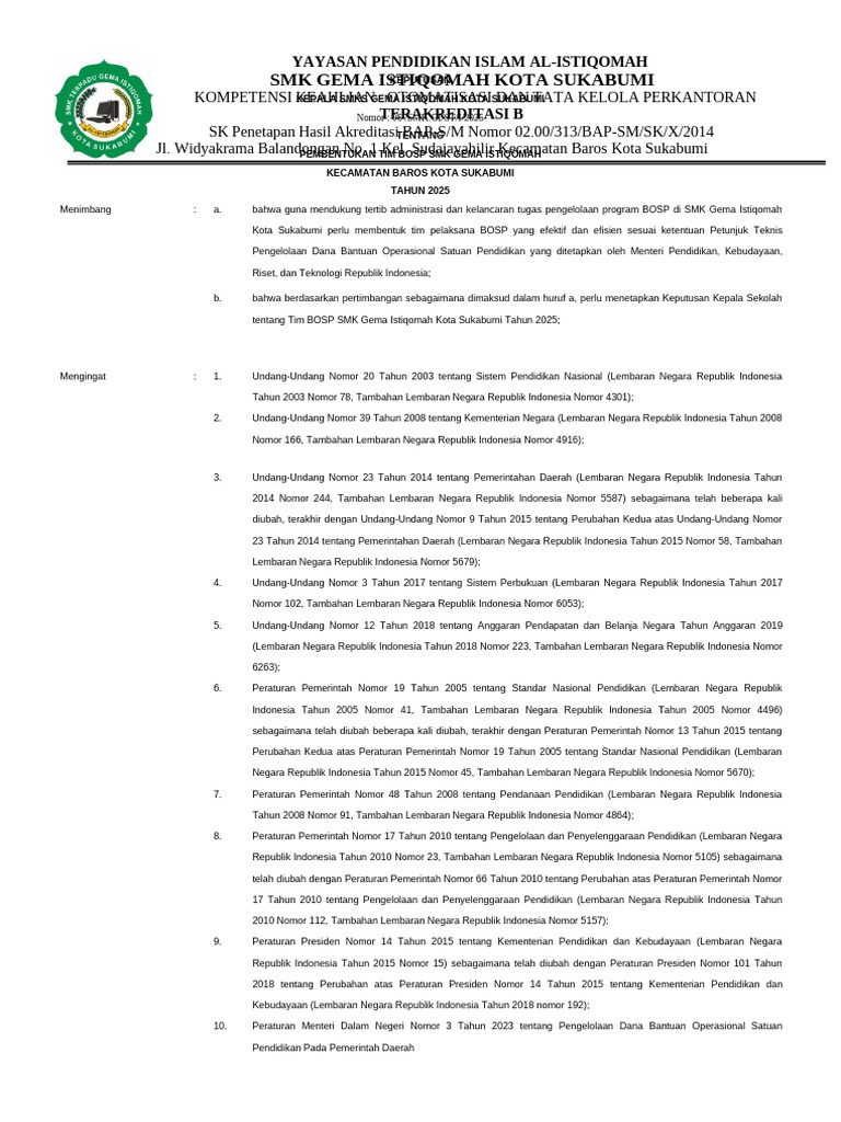 (Panduanmengajar - Com) - Contoh SK Tim BOS Sekolah 2025 | PDF