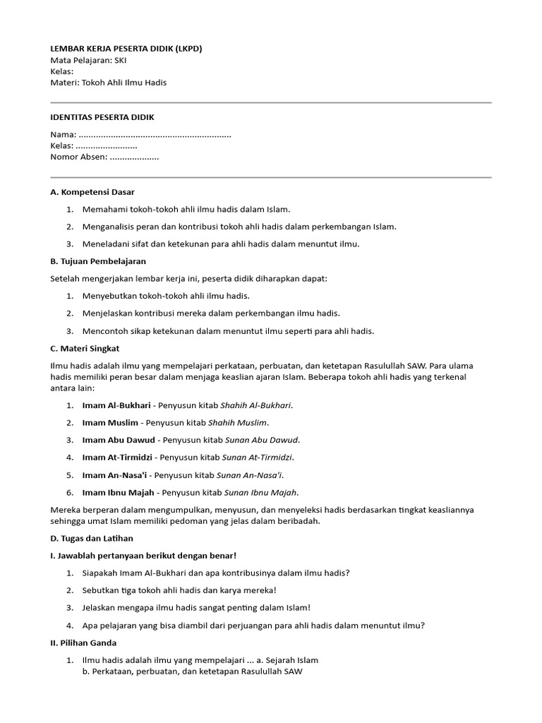 LKPD-Tokoh Ahli Ilmu Hadis | PDF