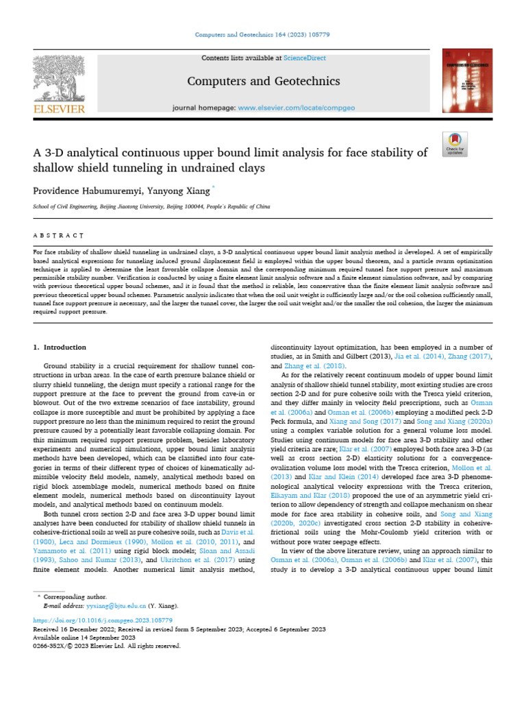 Paper 1 A 3-D Analytical Continuous Upper Bound Limit Analysis For Face Stability of Shallow ...