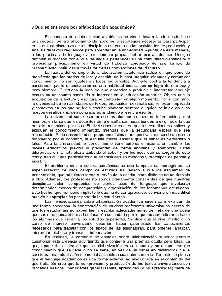 Qué Se Entiende Por Alfabetización Académica | PDF | Literatura ...