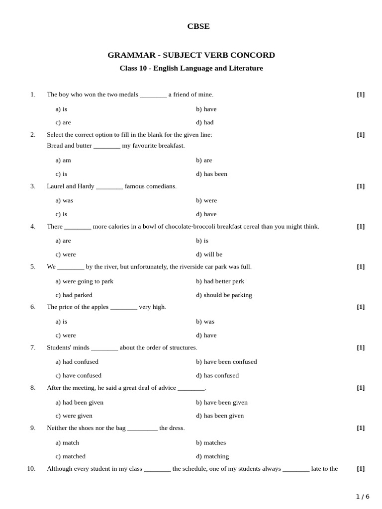 Class 10 Subject-Verb Concord Quiz | PDF