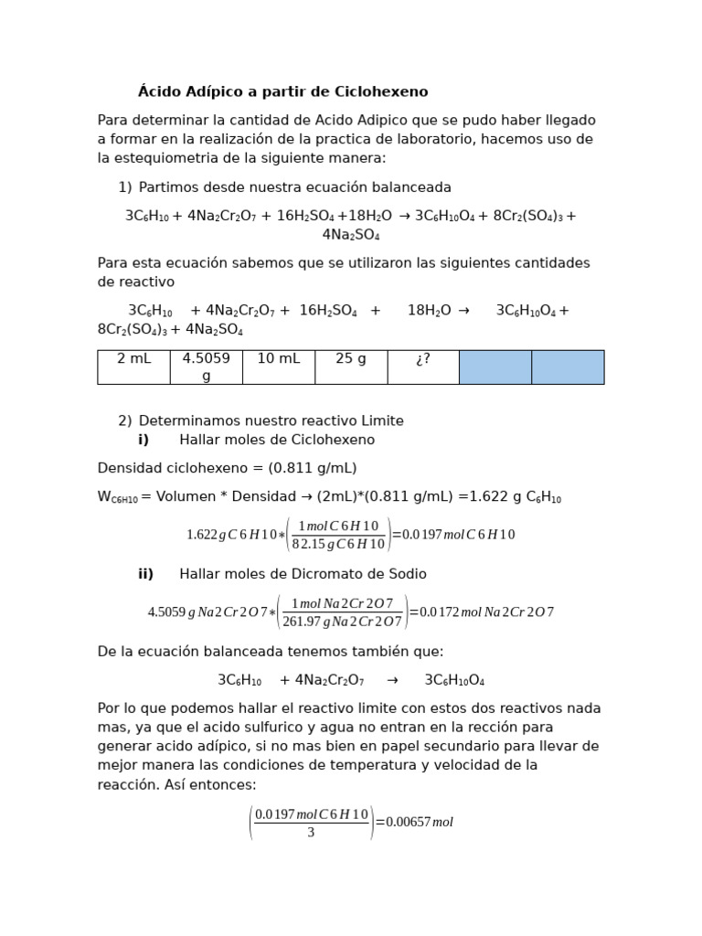 Ácido Adípico A Partir de Ciclohexeno | PDF | Mole (Unidad ...
