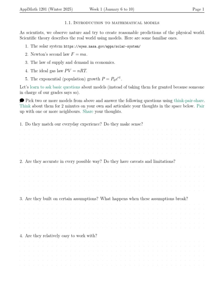 ApplMath 1201B W25 Week1 | PDF | Mathematical Model | Mathematics